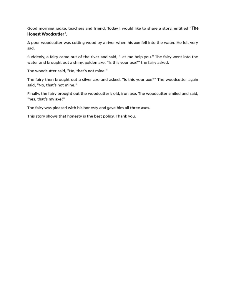 Story The Honest Woodcutter | PDF