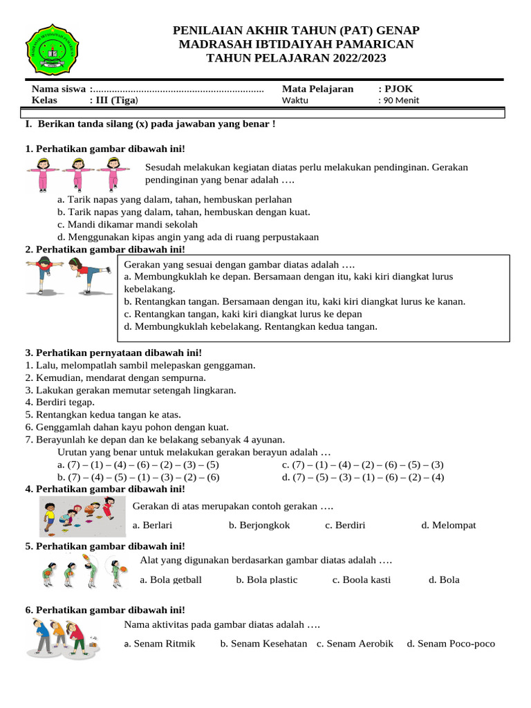 Soal PAT PJOK Kelas 3 | PDF | Olahraga & Rekreasi