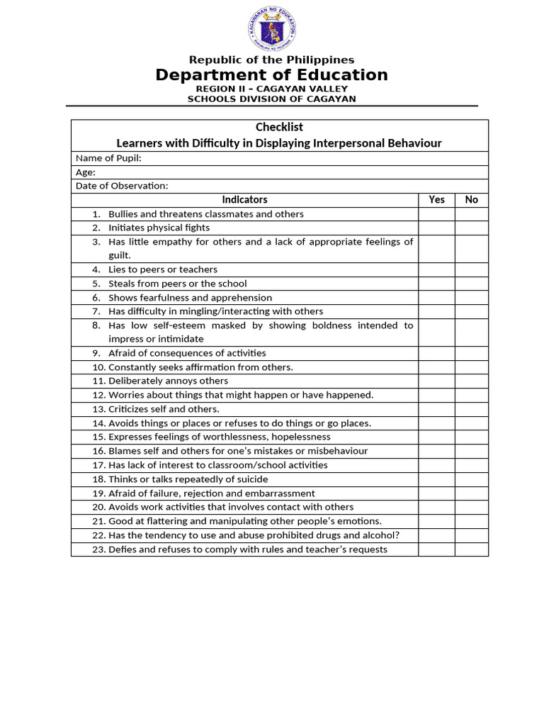 Checklist For Learners With Difficulty in Displaying Interpersonal ...