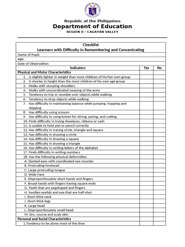 Checklist For Learners With Difficulty in Remembering and Communicating ...