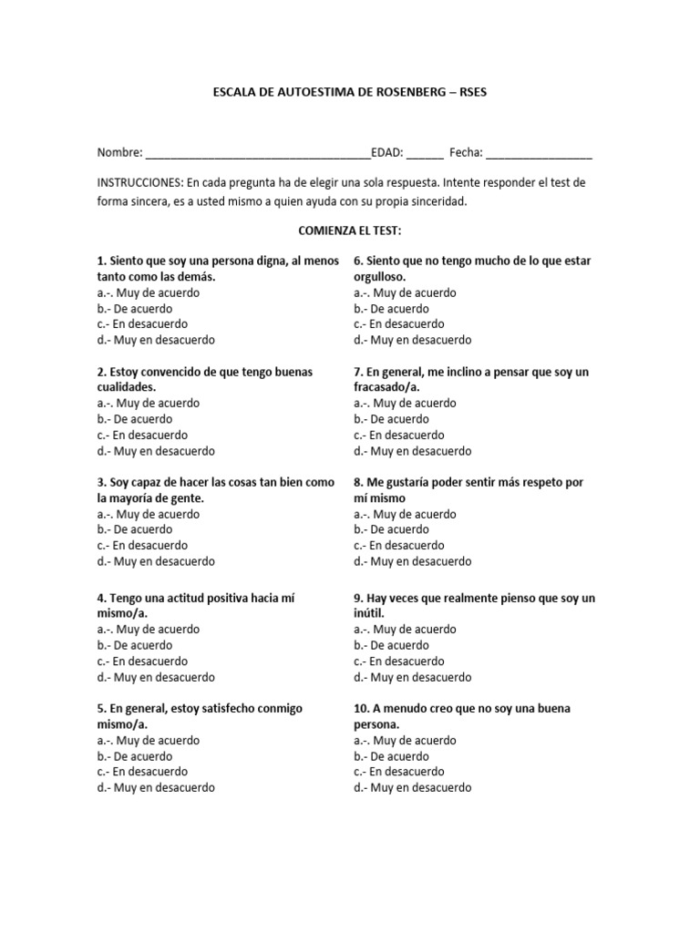 Escala Rosenberg: Autoestima Test | PDF | Autoestima