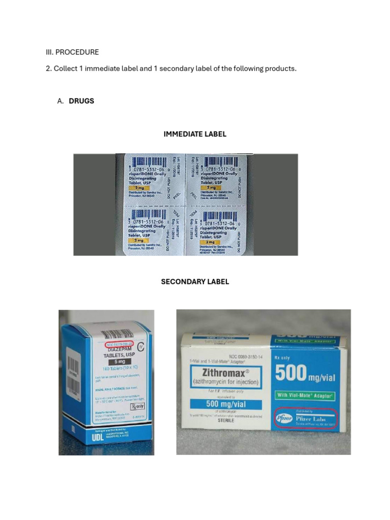 Drugs: Iii. Procedure 2. Collect 1 Immediate Label and 1 Secondary ...