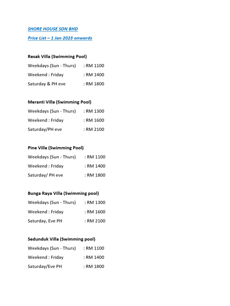 Shore House - Price List - 1 Jan 2023 | PDF