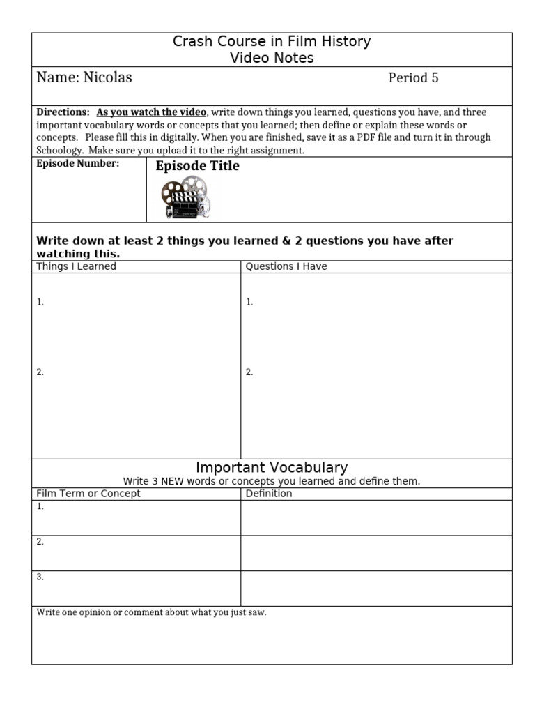 Film History Video Notes Template | PDF