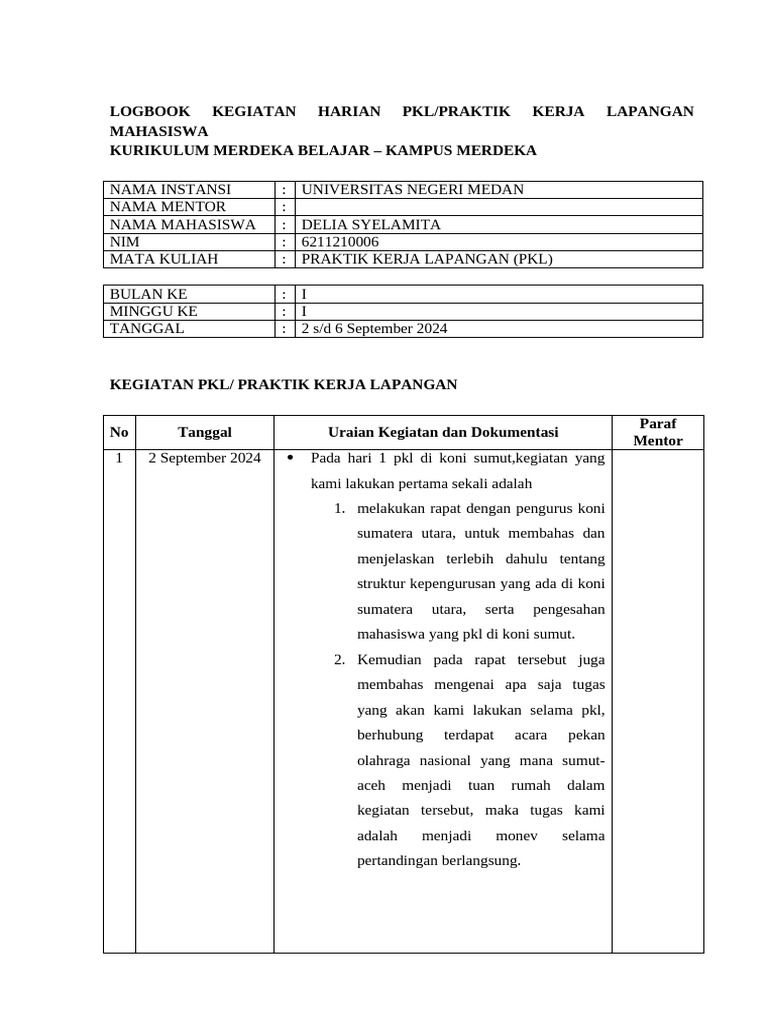 Logbook Kegiatan PKL Mahasiswa 2024 | PDF