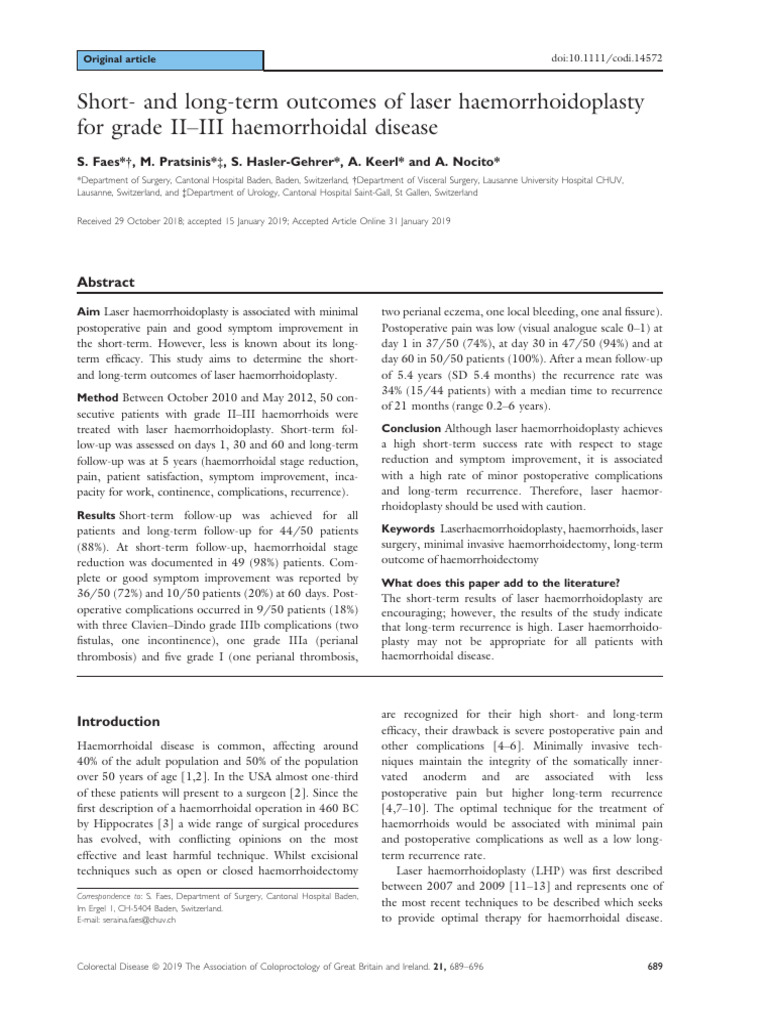 Short - and Long-Term Outcomes of Laser Haemorrhoidoplasty For Grade II ...