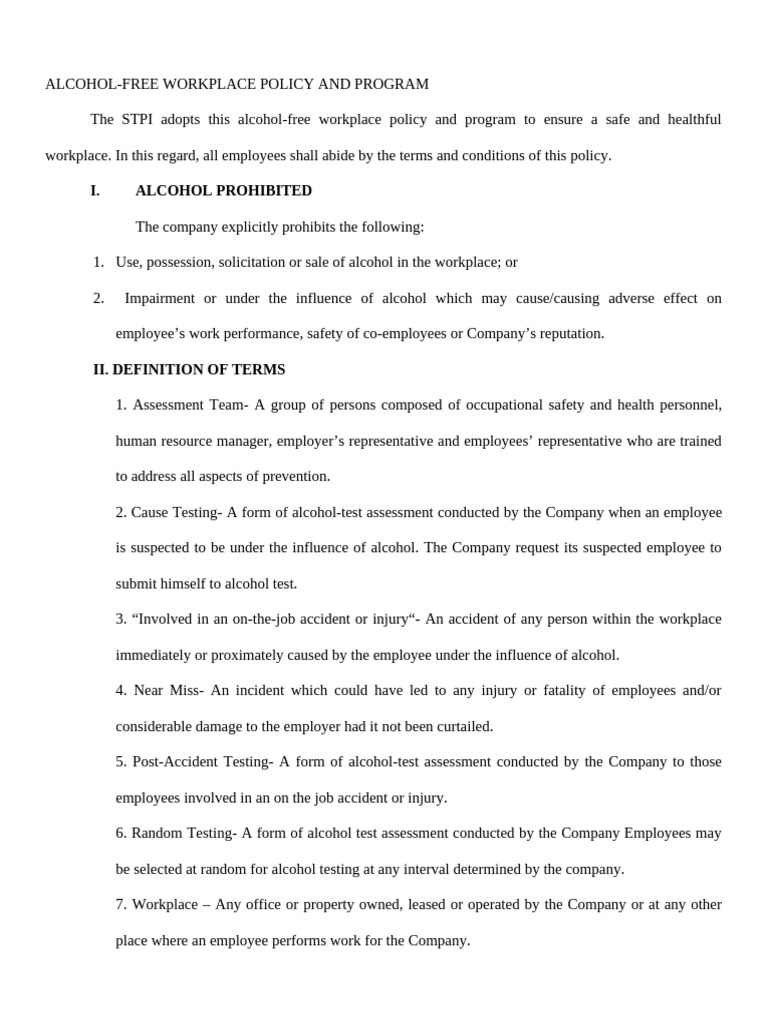 Alcohol-Free Workplace Policy Guide | PDF | Employment | Safety