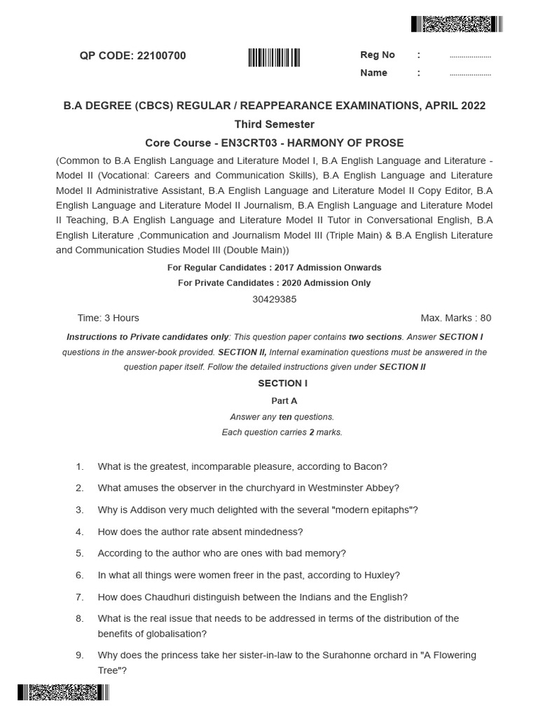 Ba 3 Sem English Harmony of Prose 22100700 Apr 2022 | PDF