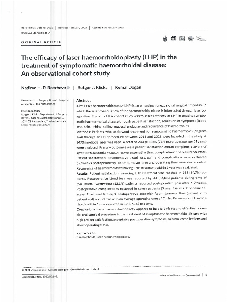 The Efficacy of Laser Haemorrhoidoplasty (LHP) in The Treatment of ...