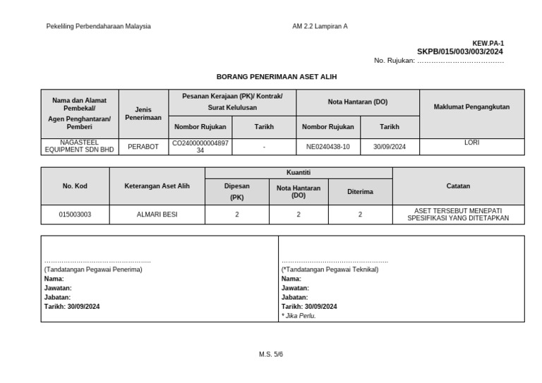 Kew - Pa-1 Borang Penerimaan Aset Alih | PDF