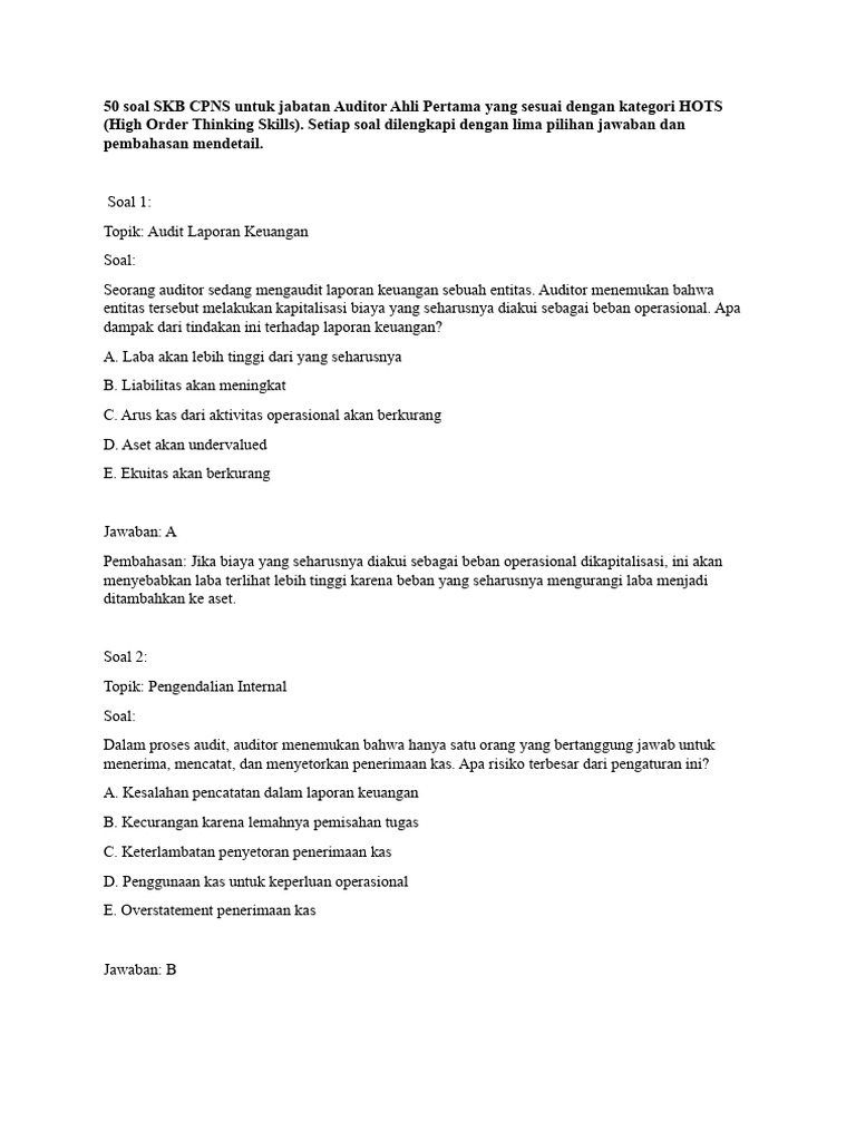 SKB Auditor (Soal HOTS) | PDF | Pengelolaan Keuangan & Uang