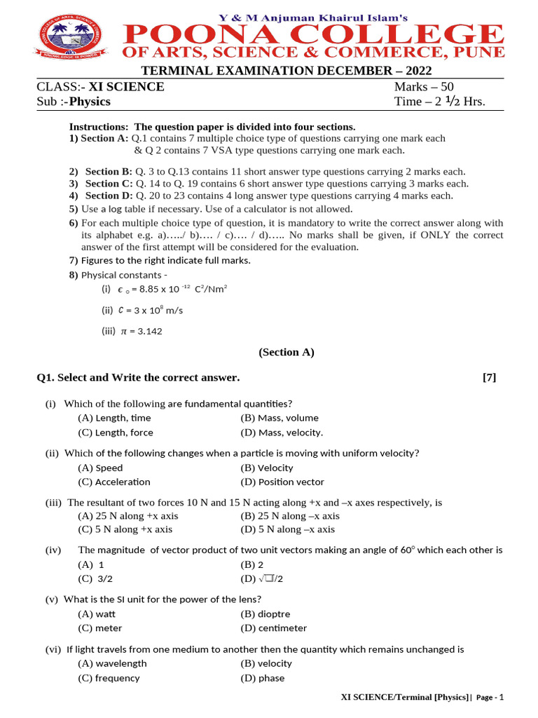 11th Physics Terminal Exam 2022 | PDF | Euclidean Vector | Electric Field