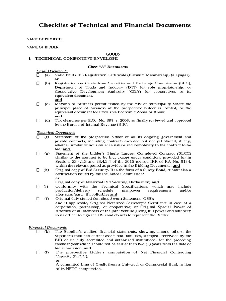 Technical and Financial Document Checklist | PDF | Joint Venture | Business
