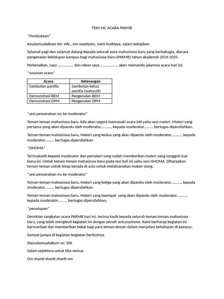 Teks MC Acara PKKMB | PDF