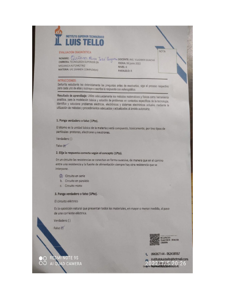 Examen Diagnostico, Quiñonez Mina Jose Benjamin | PDF