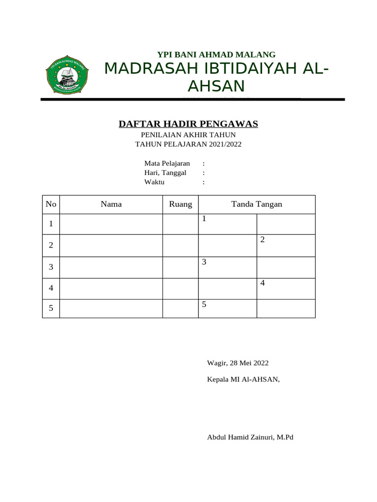 Daftar Hadir Pengawas | PDF