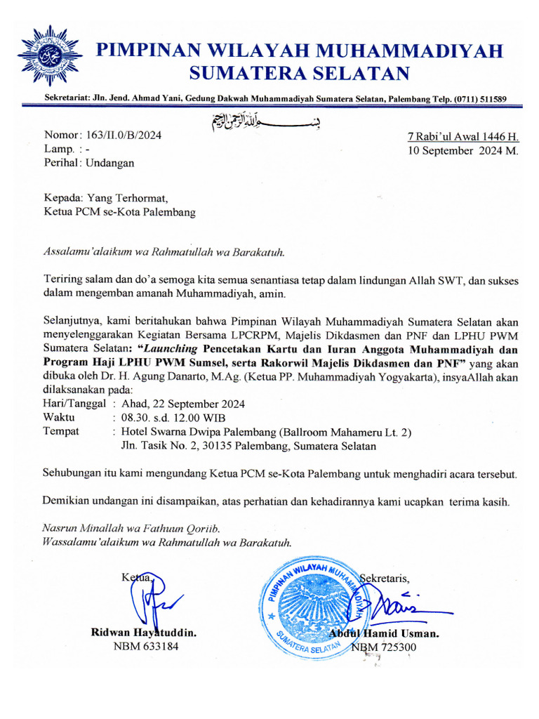 Surat PWM Sumsel - Undangan Kegiatan Bersama Majelis Lembaga - PCM Se ...