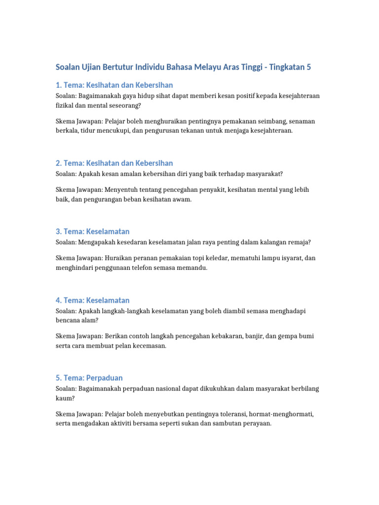 Soalan Ujian Bertutur Individu Bahasa Melayu Aras Tinggi | PDF