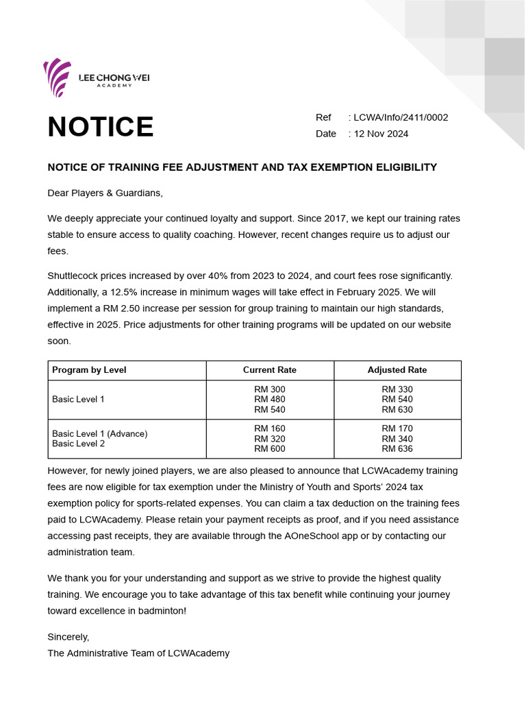 Eng - Notice of Training Adjustment | PDF | Public Finance | Taxation