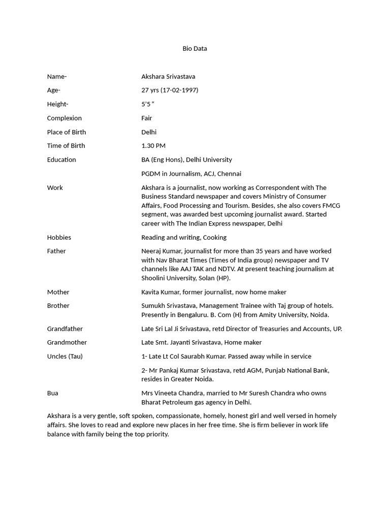 Akshara Bio Data | PDF