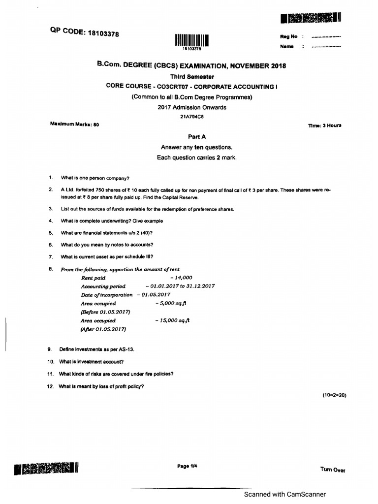 Bcom 3 Sem Corporate Accounting 1 18103378 Nov 2018 | PDF