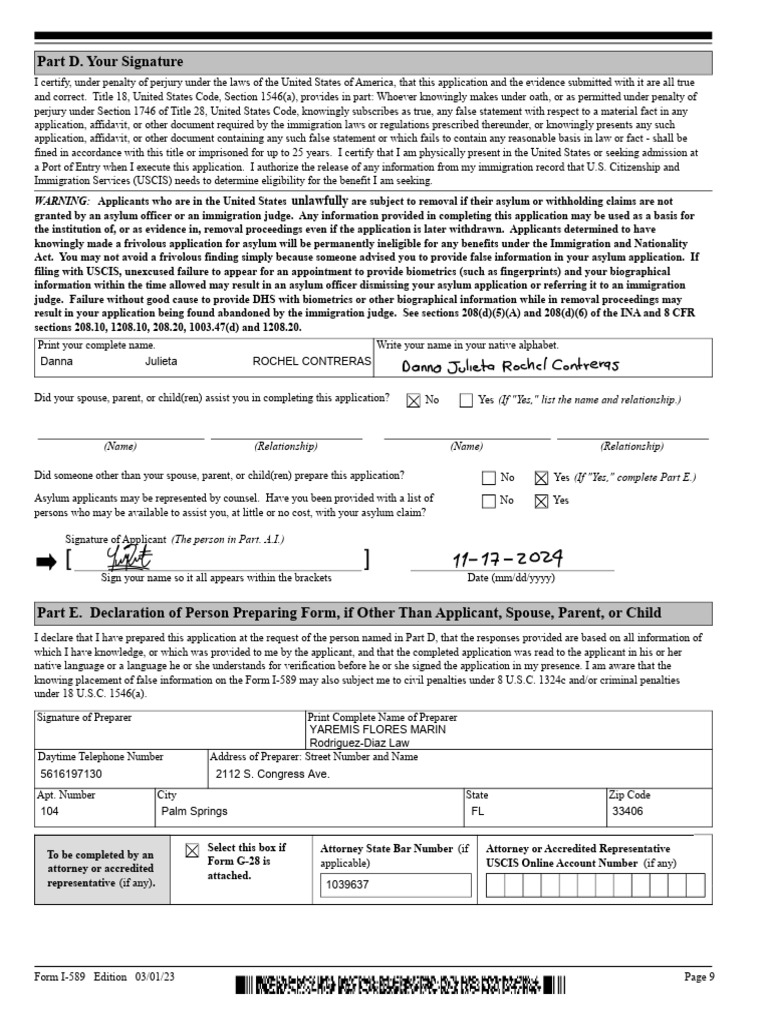 Form I-589 Asylum Application Details | PDF | Affidavit | Perjury