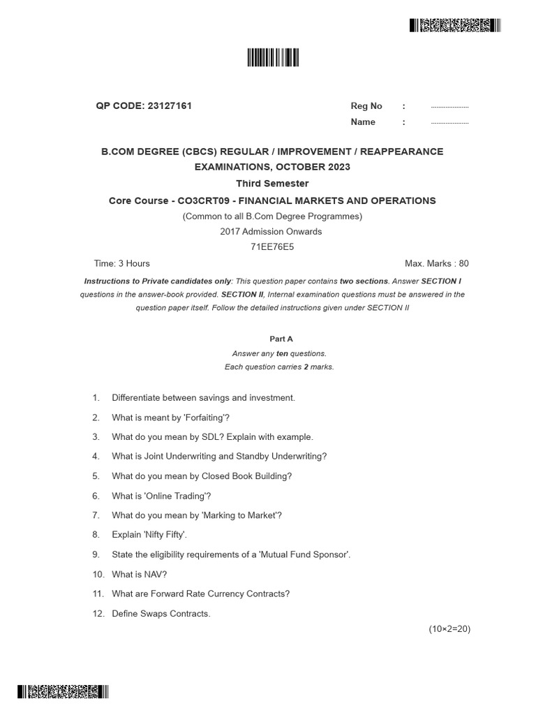 B.Com Financial Markets Exam Paper 2023 | PDF | Investing | Mutual Funds