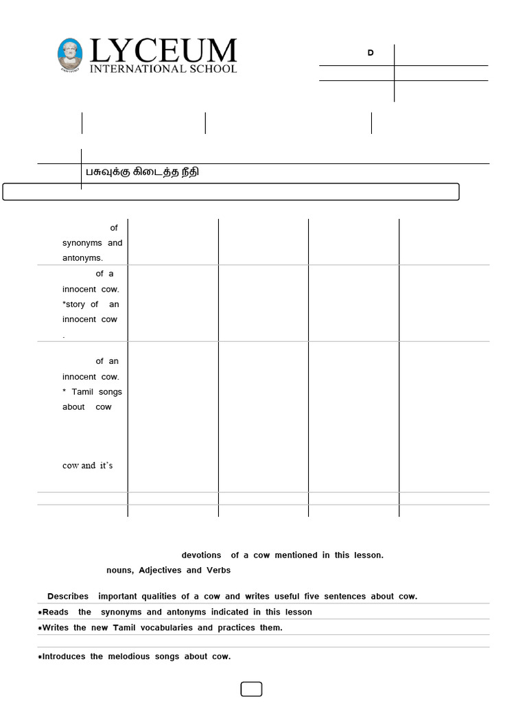 Tamil Lesson Plan: Importance of Cows | PDF | Subject (Grammar) | Tamil ...