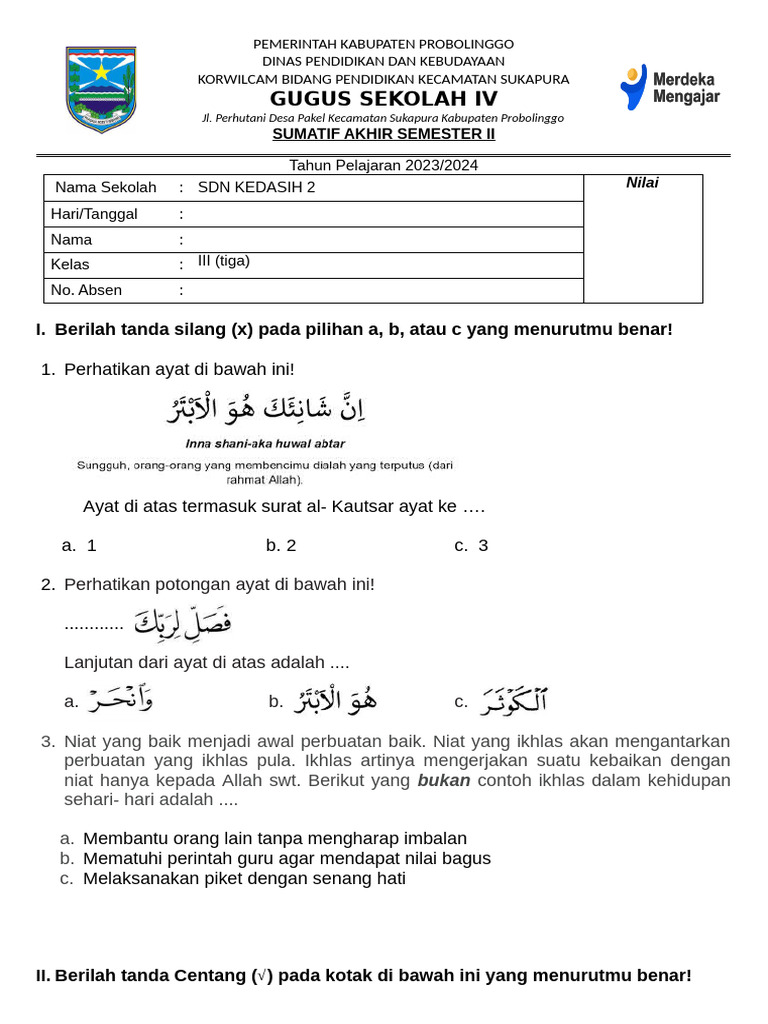 Soal PAI Berbasis AKM Kelas III | PDF