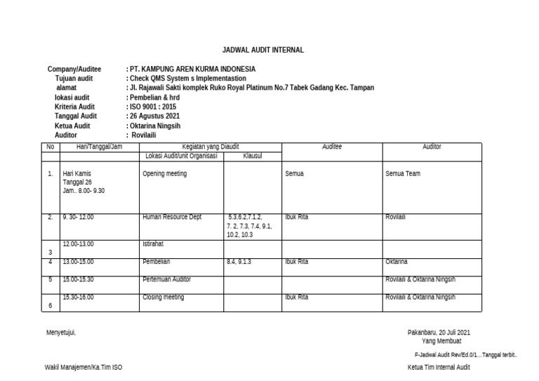 Format Jadwal Audit Internal Pangan | PDF