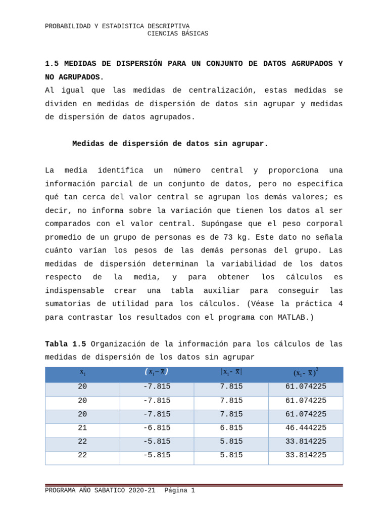 1.5 Medidas de Dispersión para Un Conjunto de Datos y Datos Agrupados. | PDF | Diferencia ...