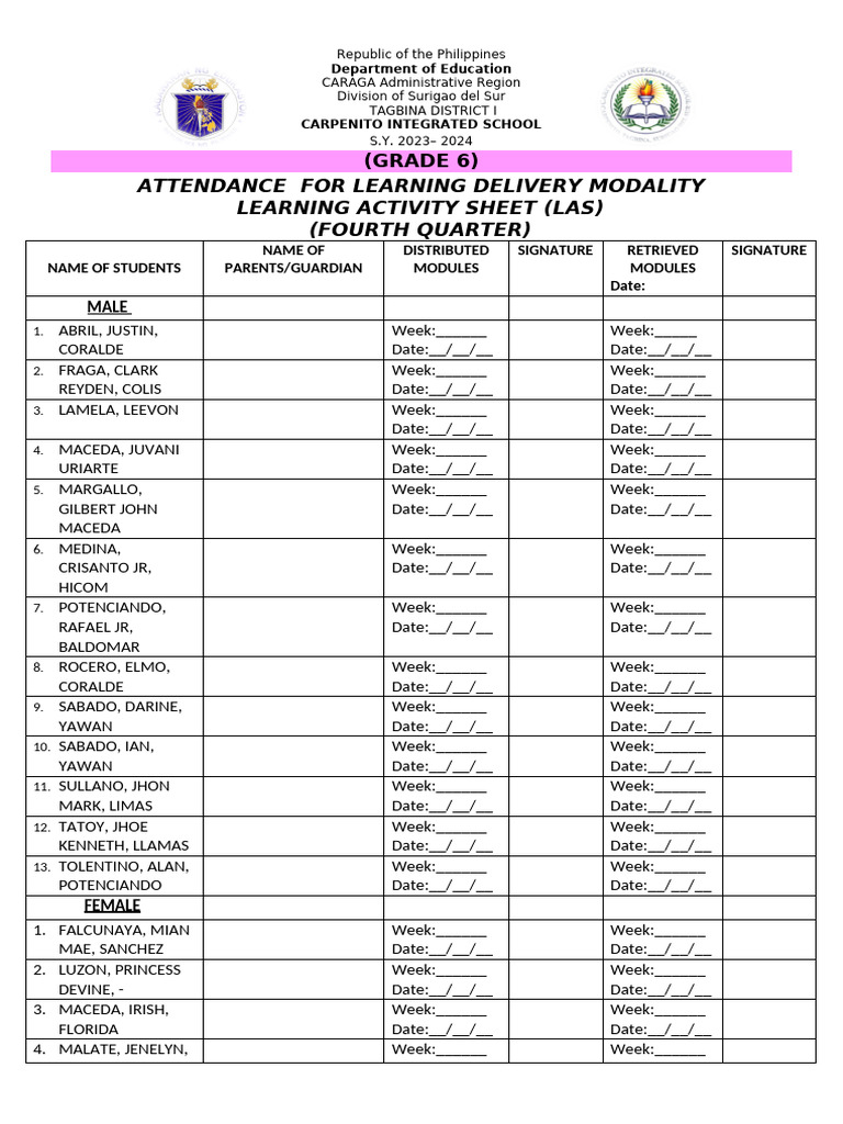 Checklist Attendance Modules Grade 6 | PDF | Philippines