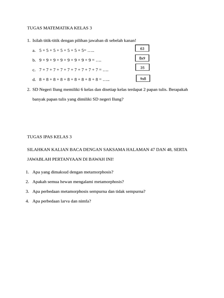 Tugas Matematika Dan Ipas Kelas 3 | PDF