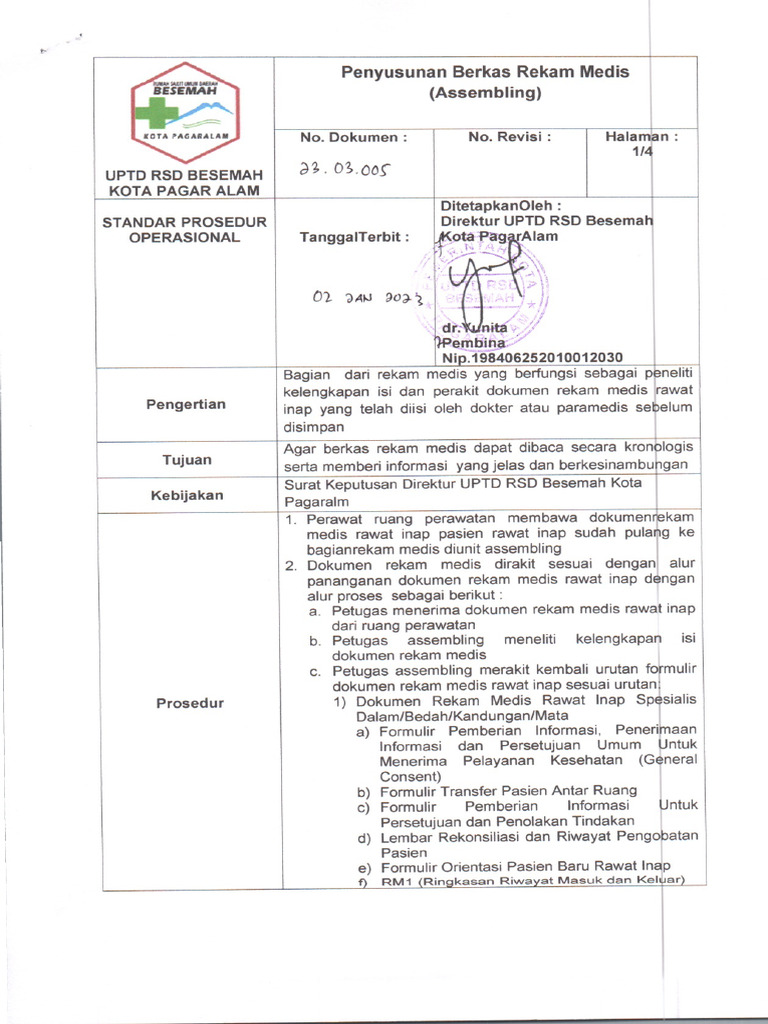SPO Penyusunan Berkas Rekam Medis (Assembling) | PDF