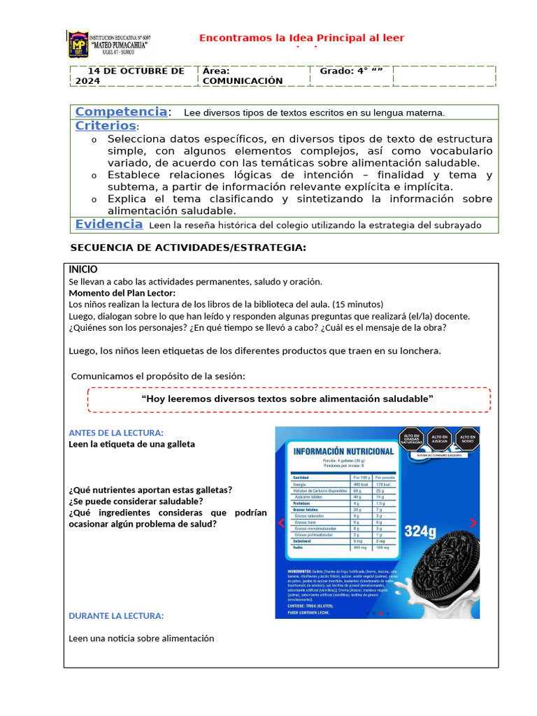 Actividades de Lectura: Alimentación Saludable | PDF | Metacognición ...