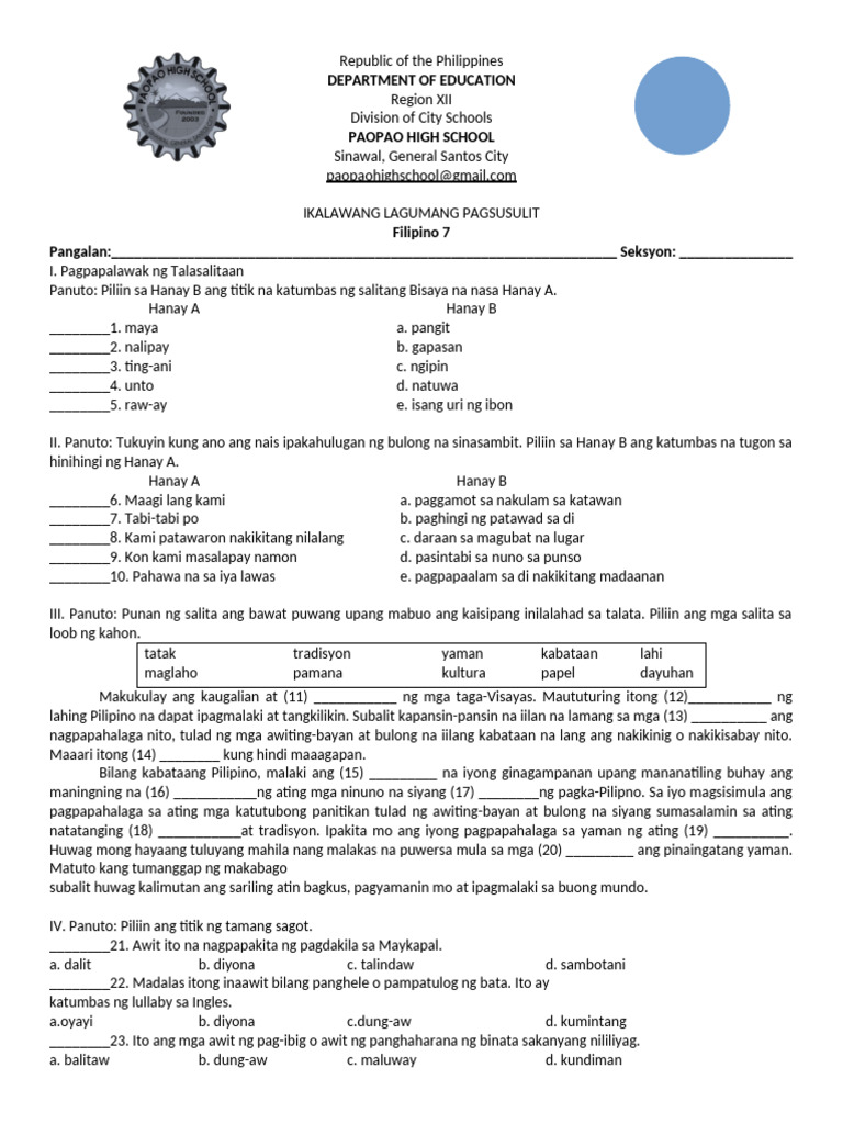 2nd Quarter Grade 7 Filipino | PDF