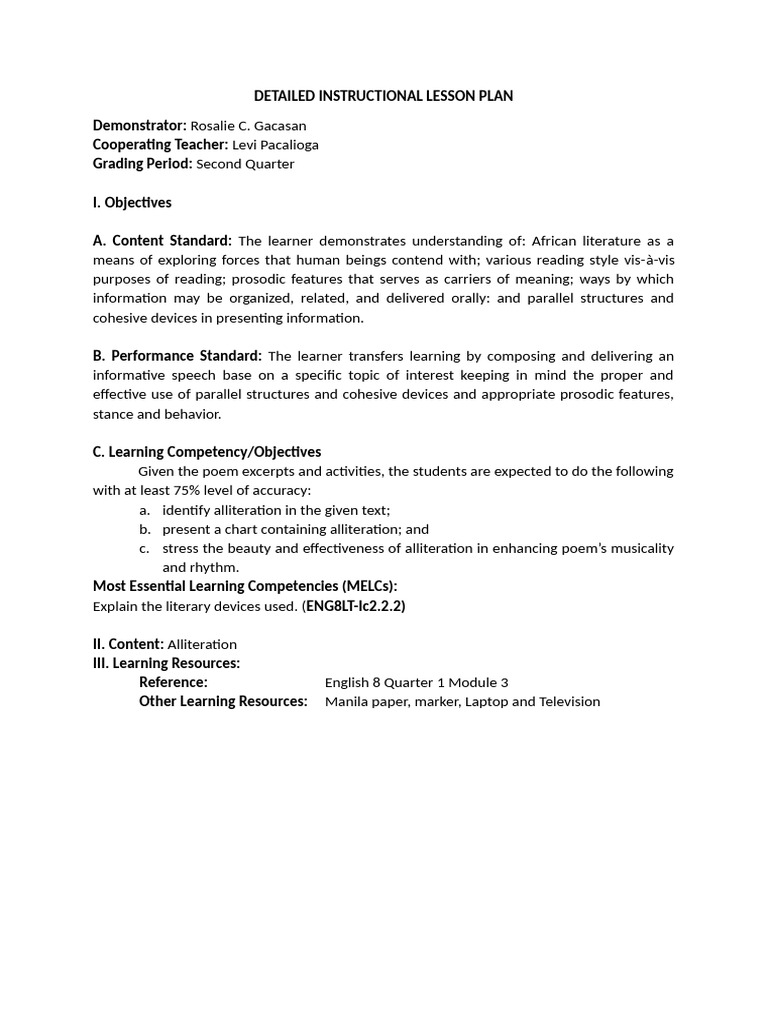 Detailed Instructional Lesson Plan | PDF | Poetry | Rhyme