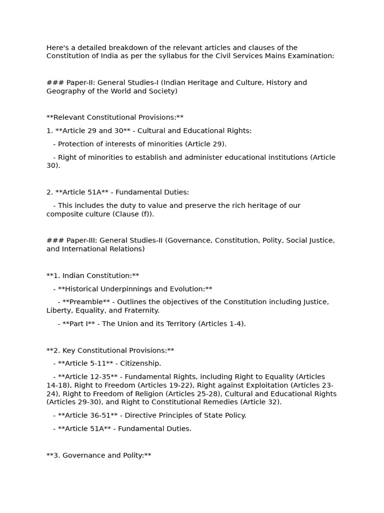 Relevant Articles and Clauses of The Constitution of India As Per The Syllabus For The Civil ...