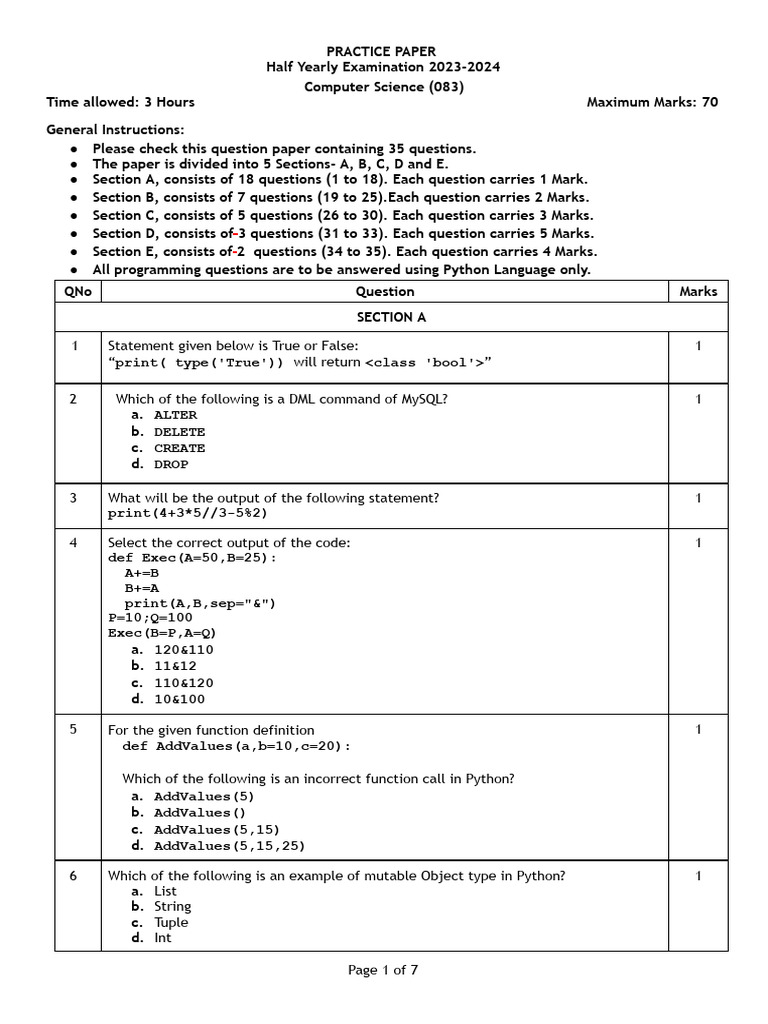 Computer Science Exam Paper 2023-24 | PDF | Relational Database ...