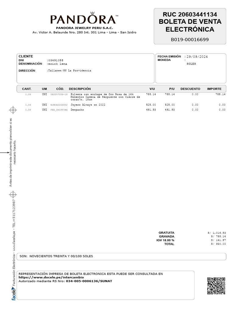Factura Electrónica Pandora Jewelry | PDF