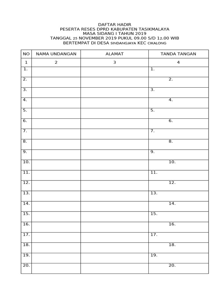 Form Daftar Hadir Peserta | PDF