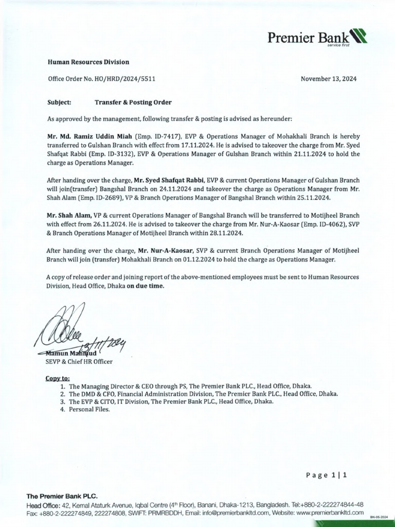 Transfer & Posting Order - 2024-5511 | PDF | Business