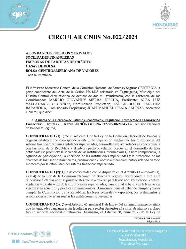 2024.11.01. CIRCULAR CNBS No. 022-2024 REFERENTE REGISTRO DEUDORES ALIMENTARIOS MOROSOS 1-11-24 ...