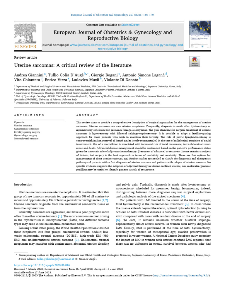 2023 - Review - Uterine Sarcomas Surgical Treatment | PDF | Ovarian ...