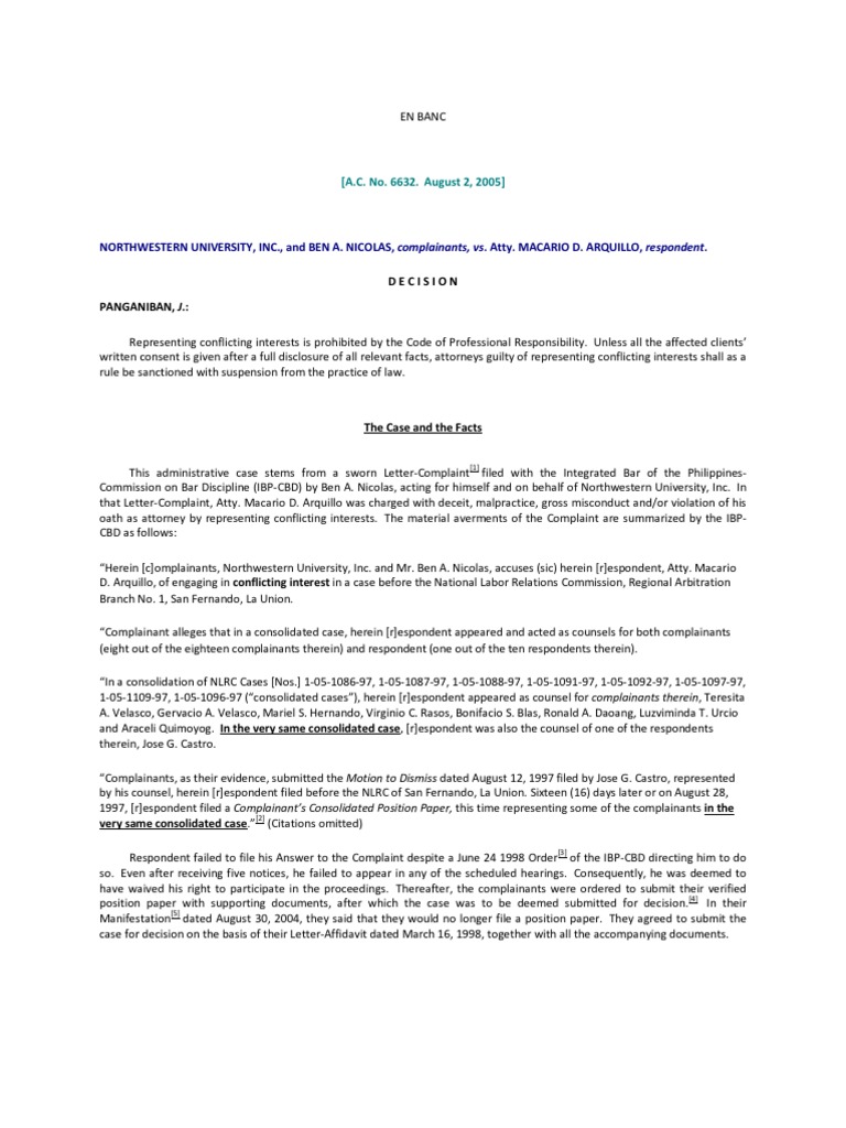 Northwestern Univ. Inc. and Ben Nicolas vs. Atty Macario D. Arquillo ...