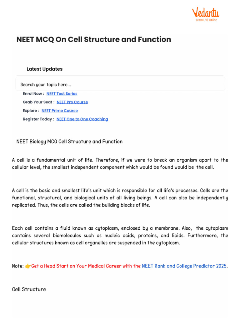 NEET MCQ On Cell Structure and Function | PDF