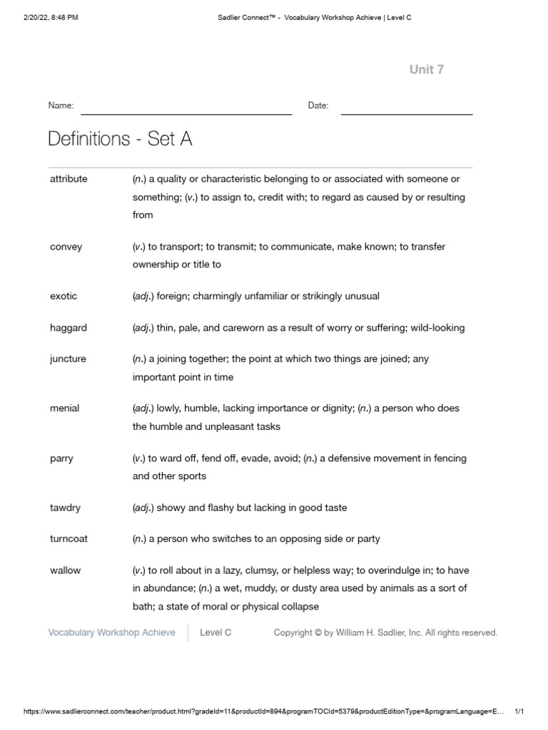 Sadlier Connecttm - Vocabulary Workshop Achieve Level C Unit 7A | PDF