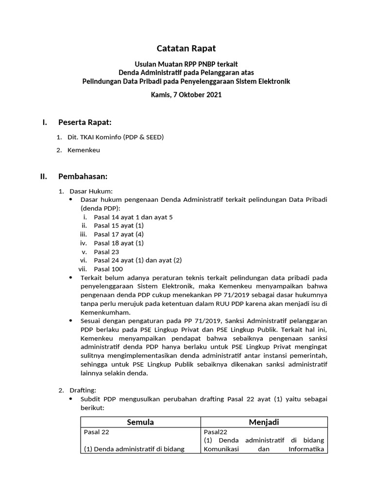 Catatan Rapat RPP PNBP PDP | PDF