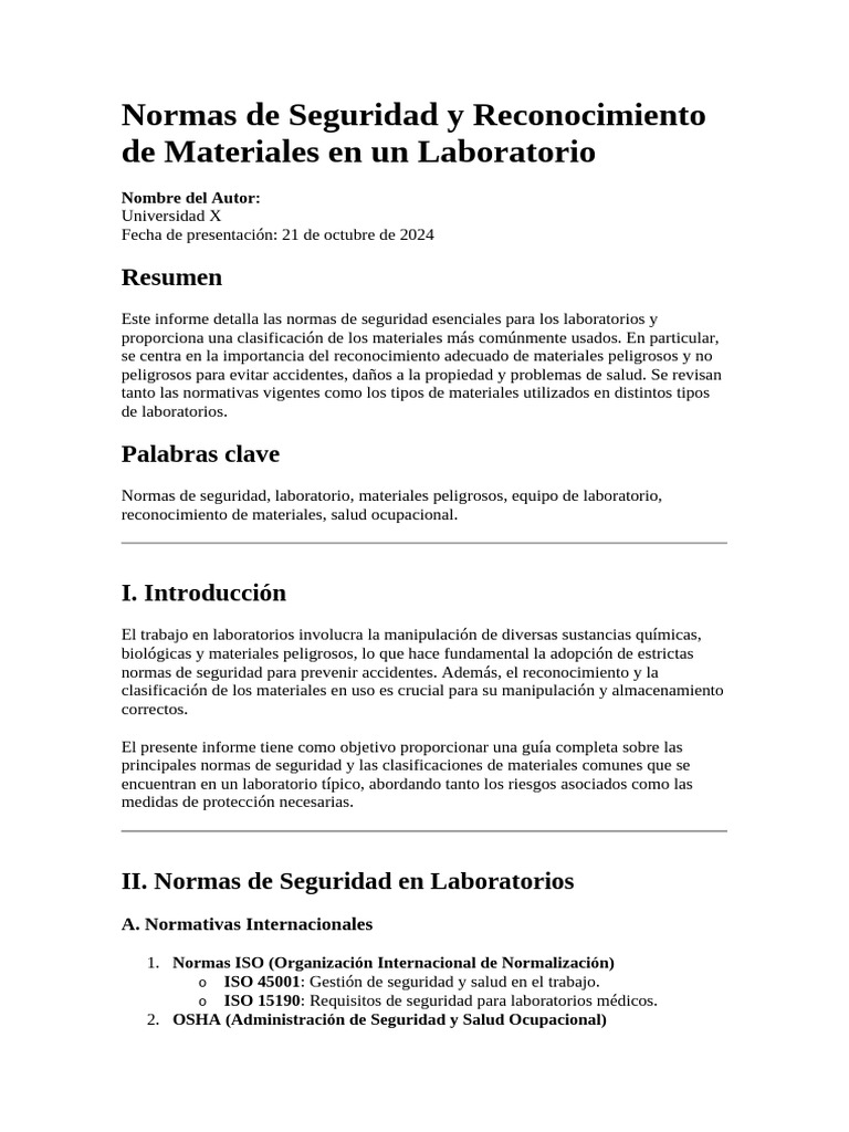 Normas de Seguridad y Reconocimiento de Materiales en Un Laboratorio | PDF | Laboratorios ...