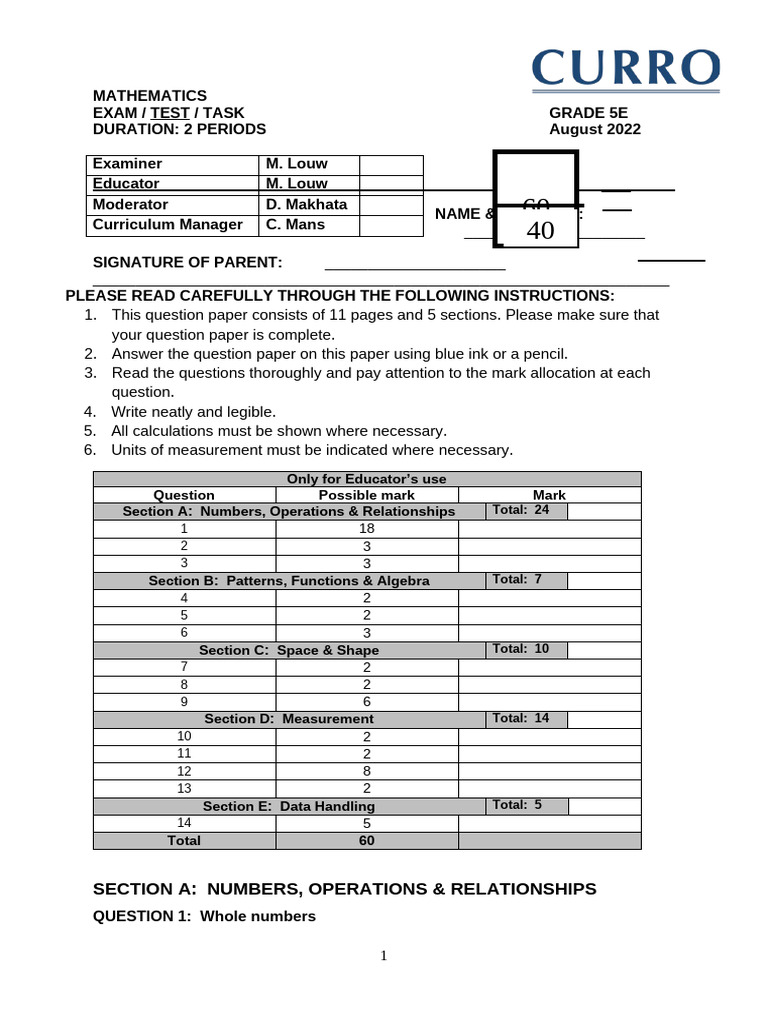 Grade 5 Mathematics Exam Paper | PDF | Shape | Mathematics